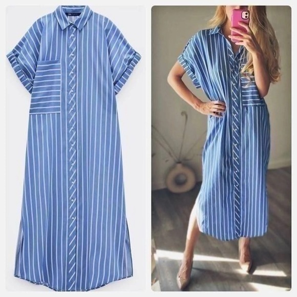 Zara | Dresses | Zara Xss Striped Blue White Loose Fit Tshirt Midi ...